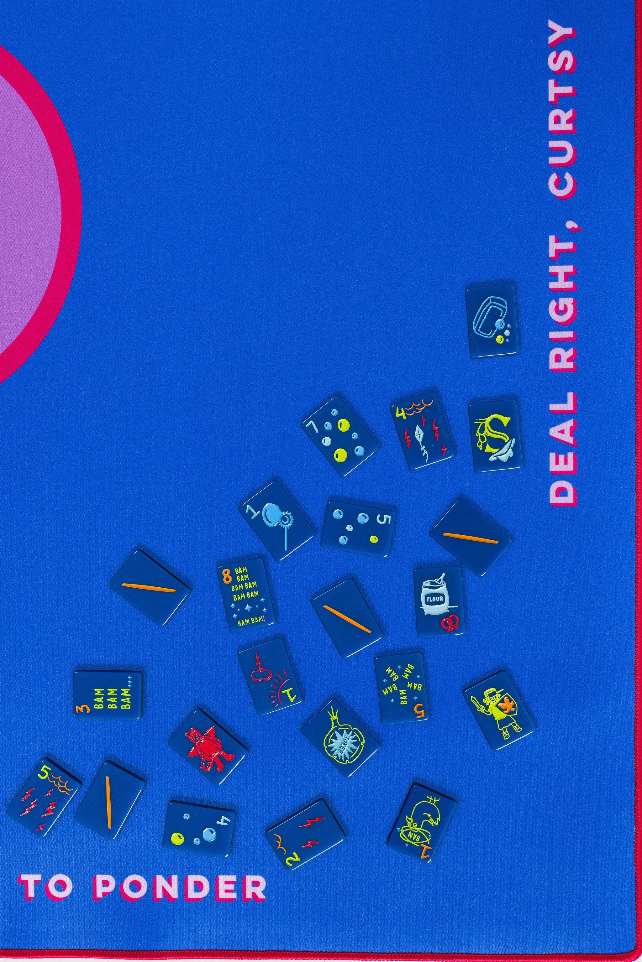 Blue saying game mat paired with mahjong tiles– The Mahjong Line