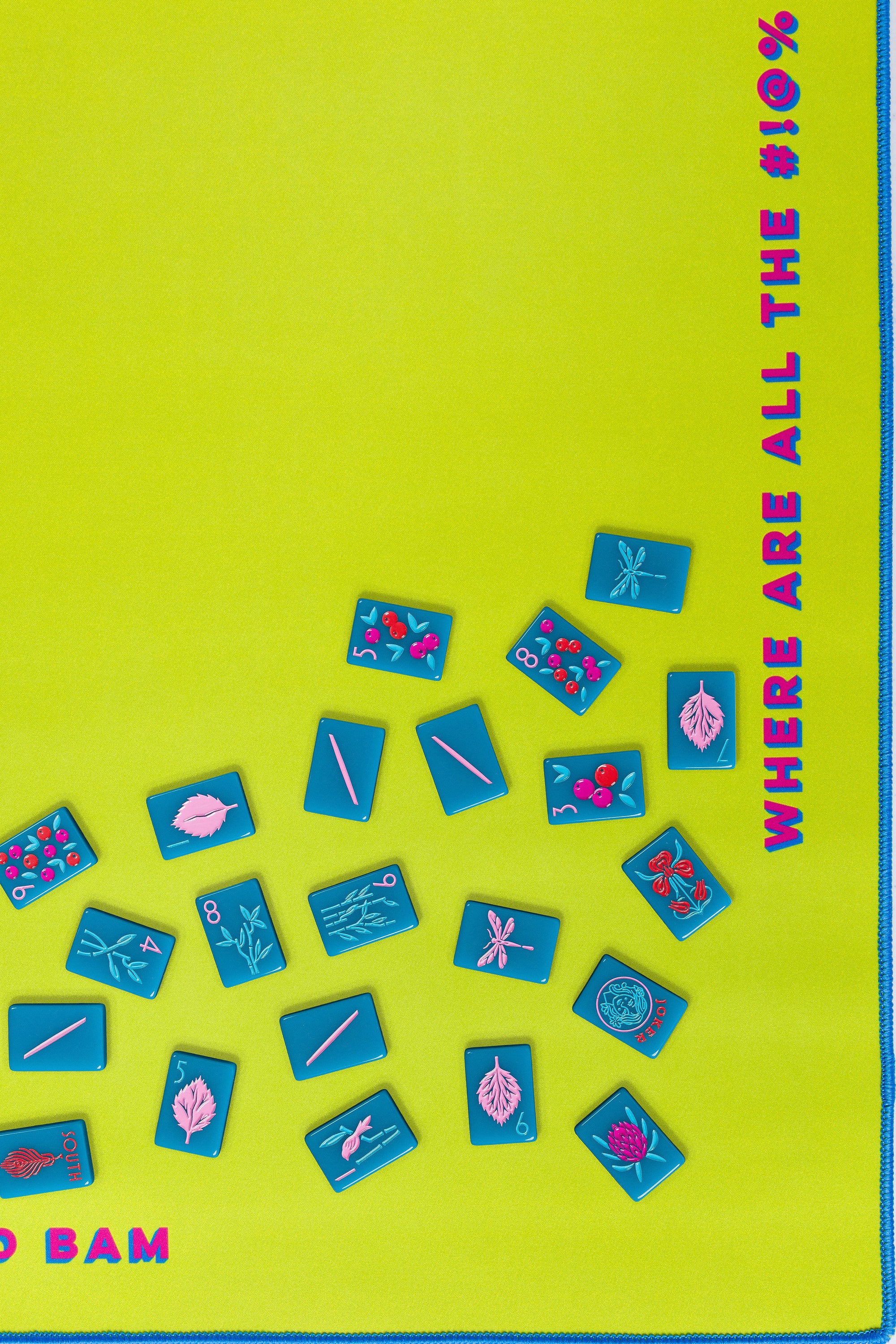 Chartreuse saying game mat paired with mahjong tiles– The Mahjong Line