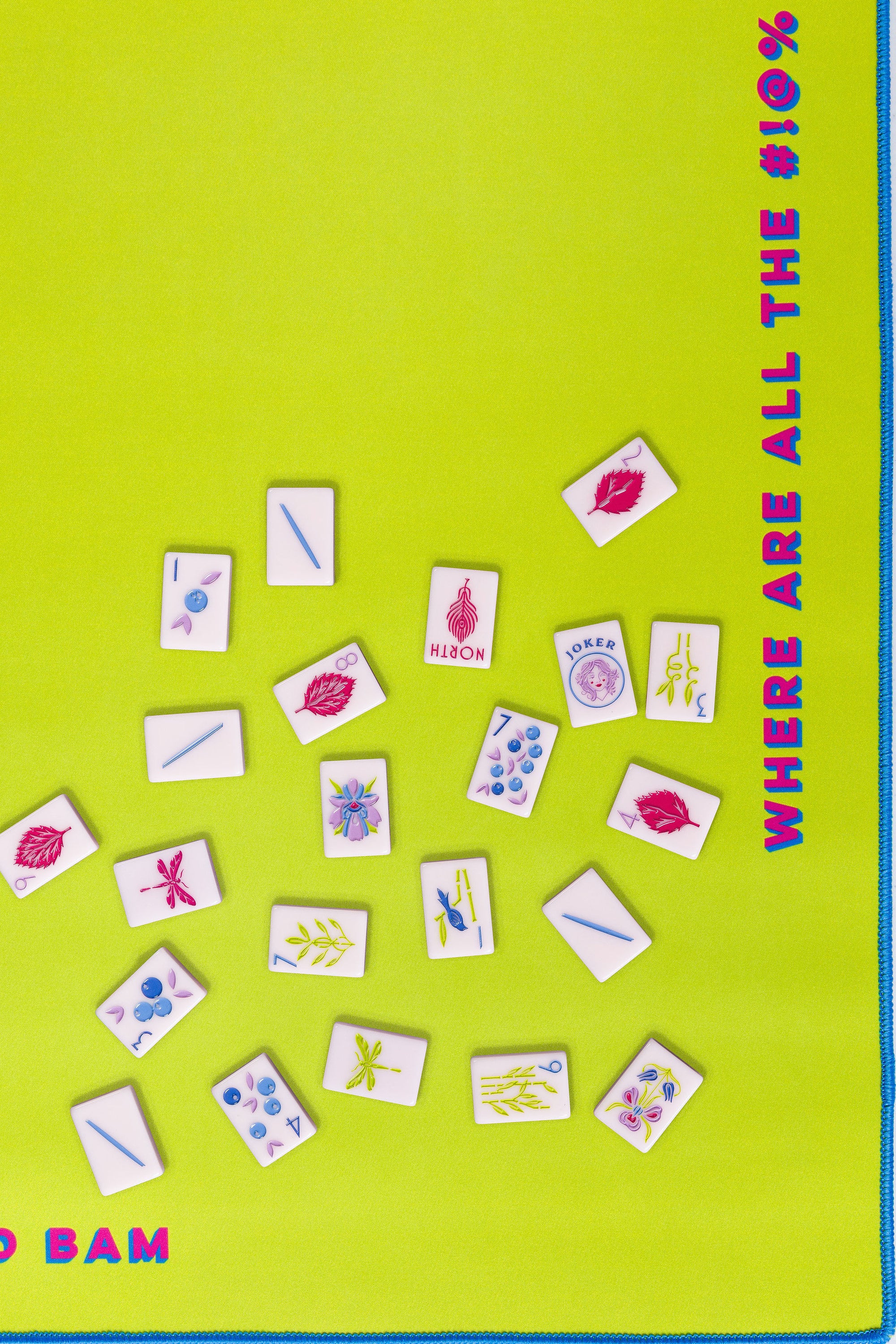 Chartreuse saying game mat paired with mahjong tiles– The Mahjong Line