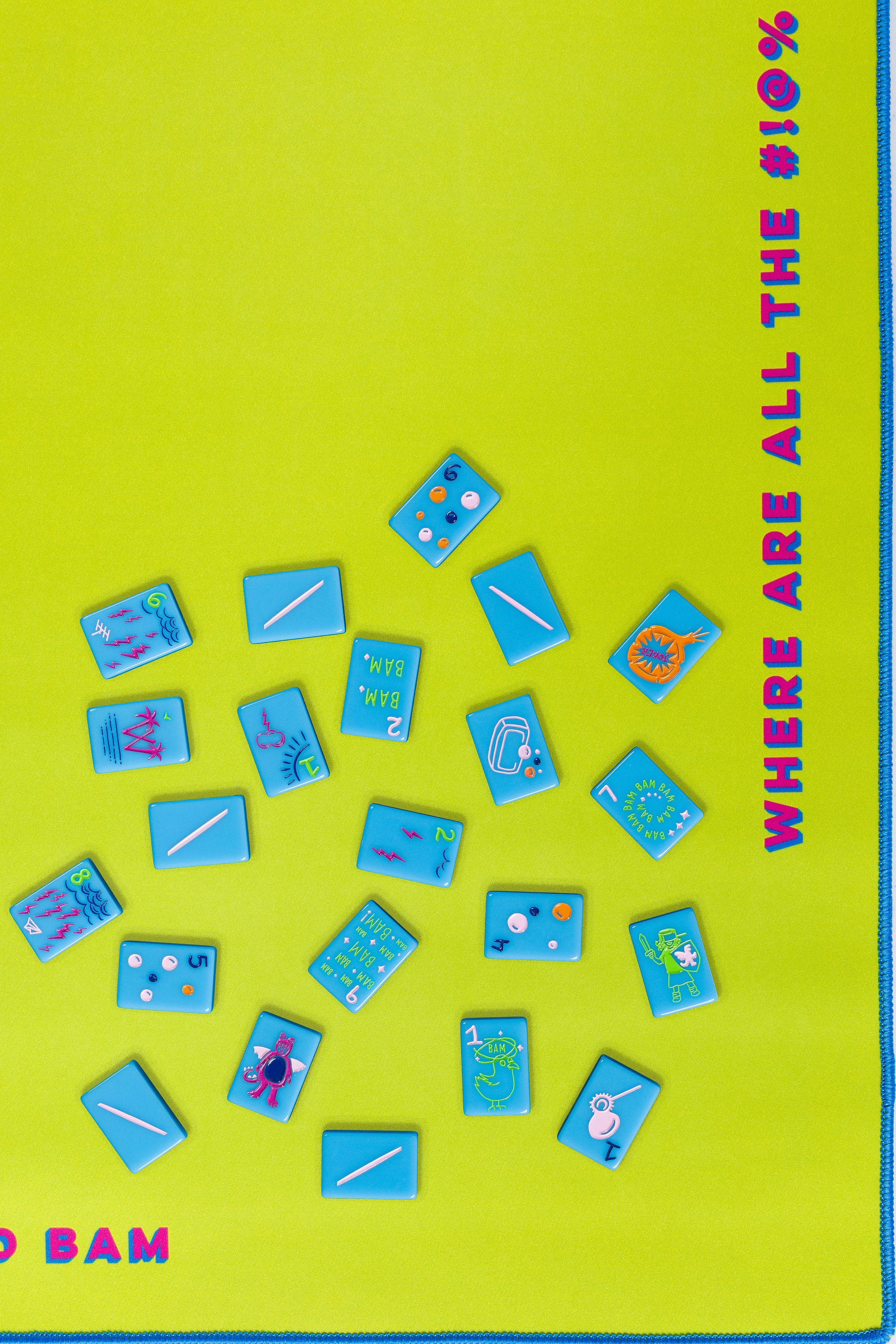 Chartreuse saying game mat paired with mahjong tiles– The Mahjong Line