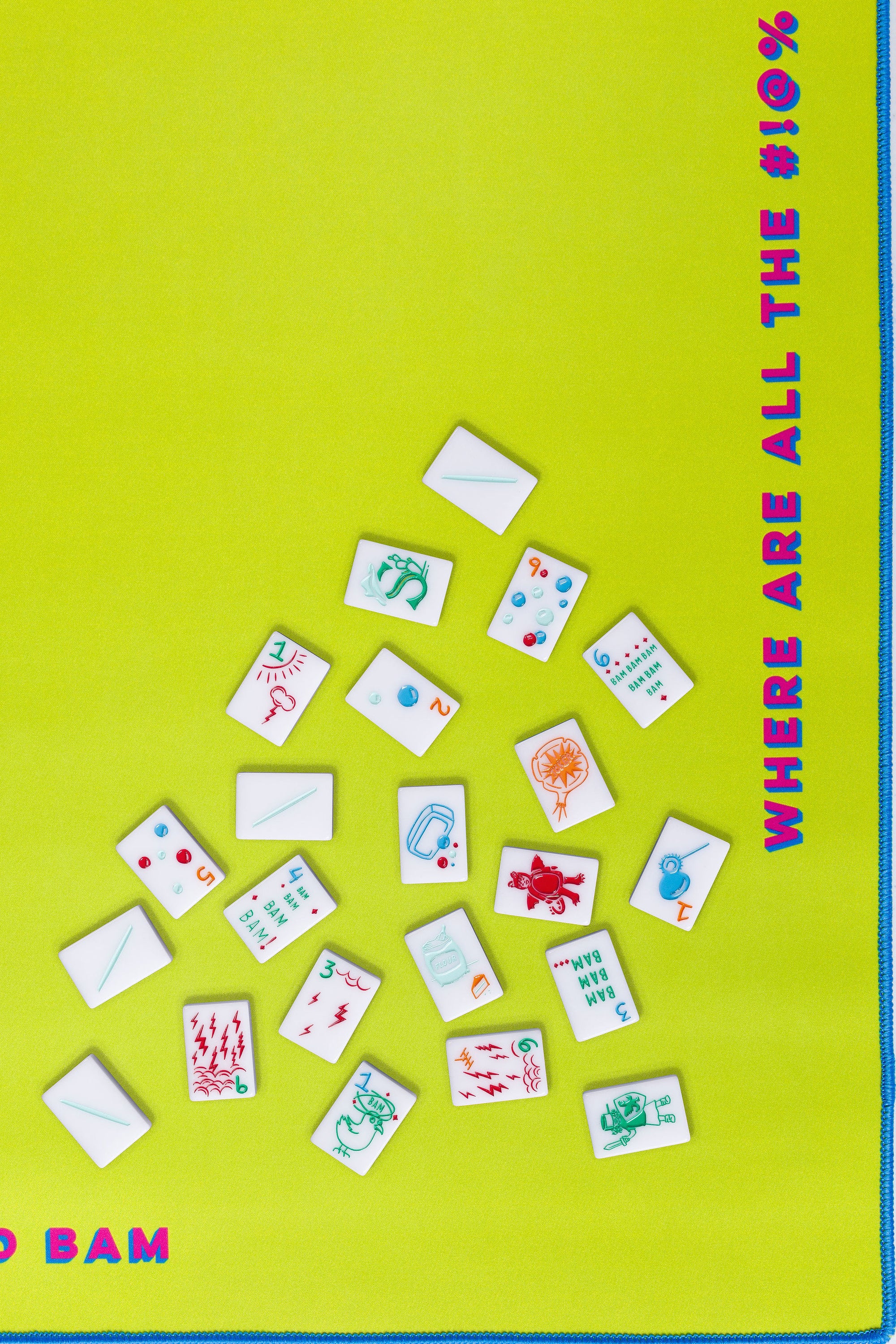 Chartreuse saying game mat paired with mahjong tiles– The Mahjong Line