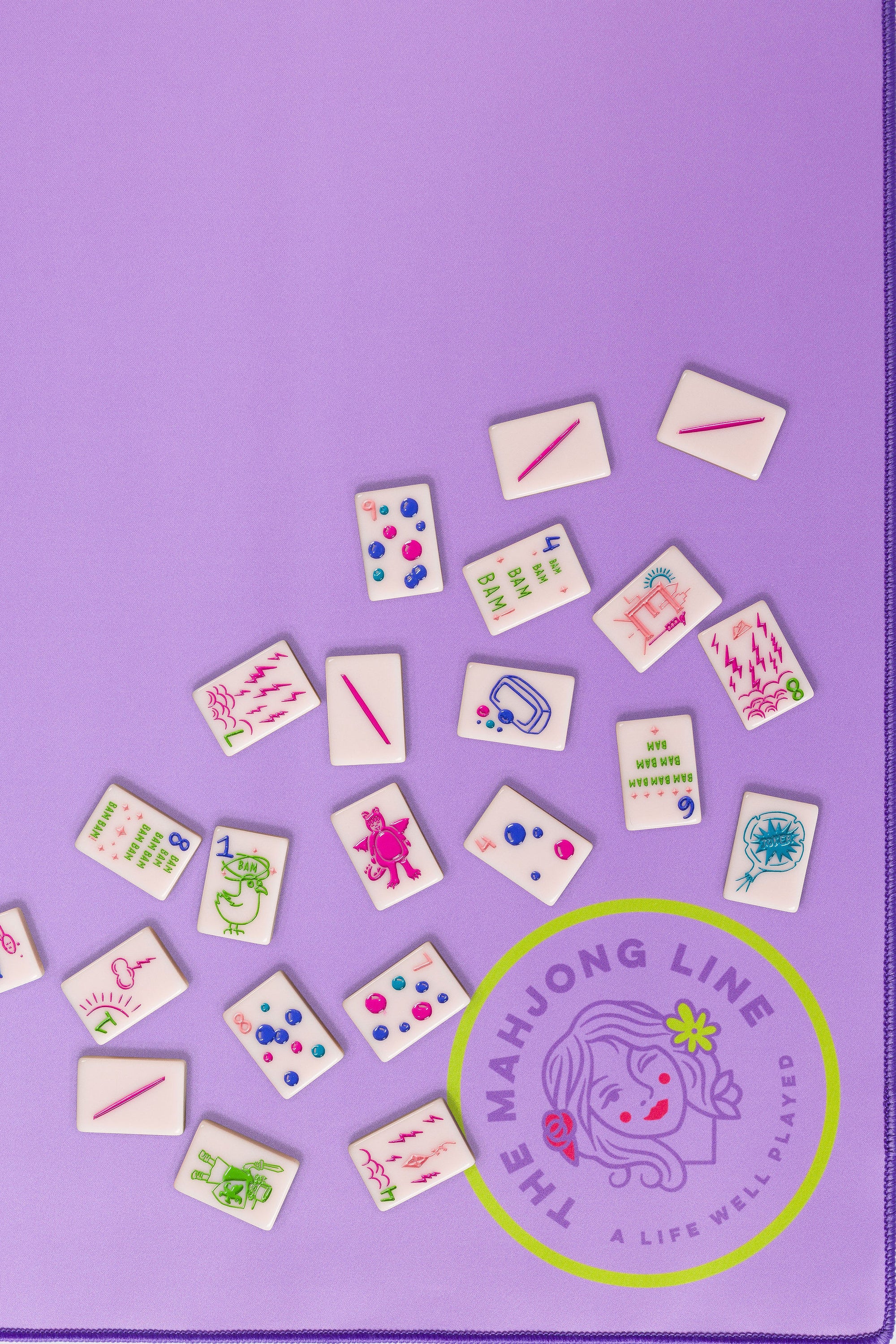 Lilac game mat paired with mahjong tiles– The Mahjong Line