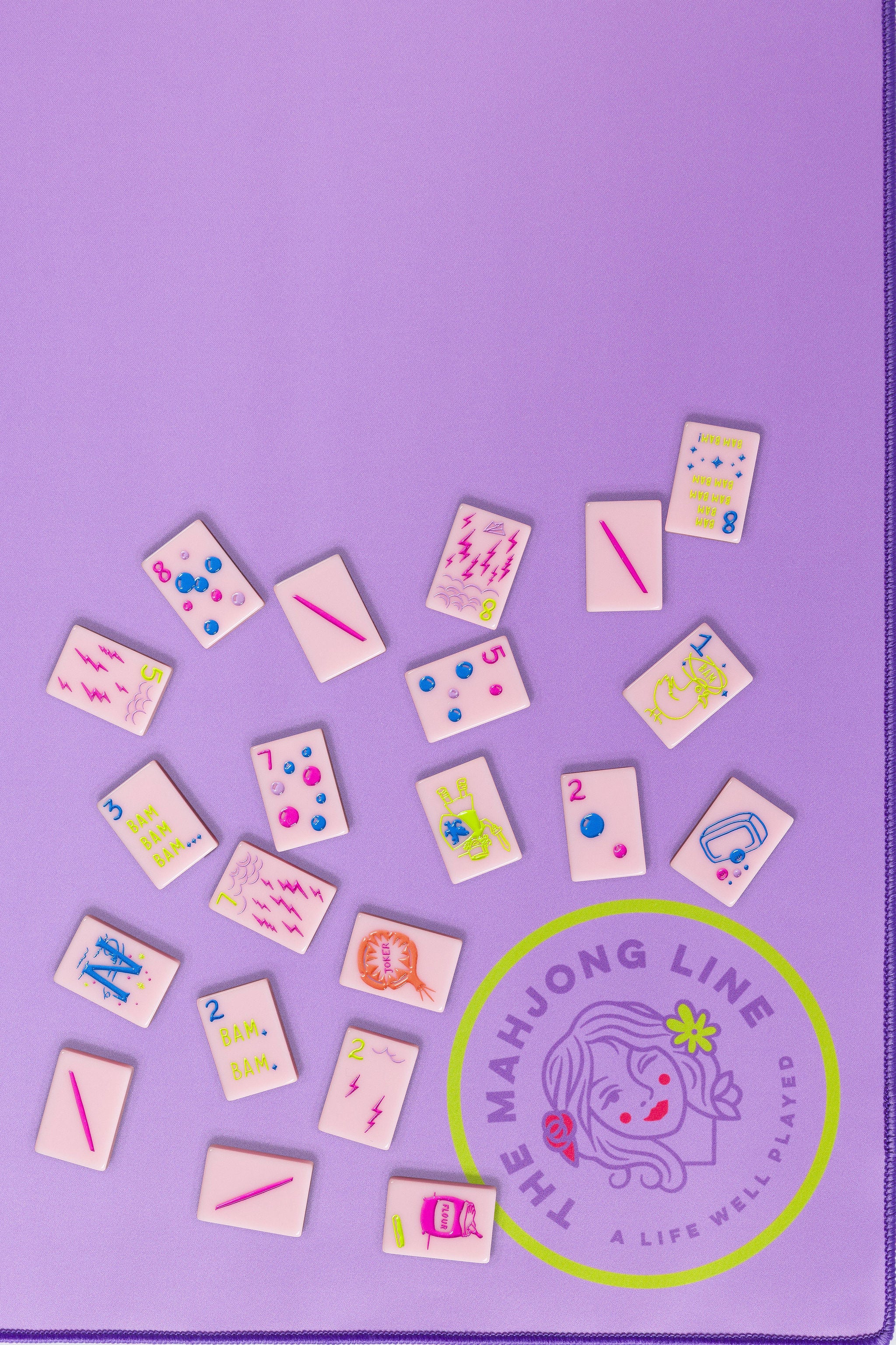 Lilac game mat paired with mahjong tiles– The Mahjong Line
