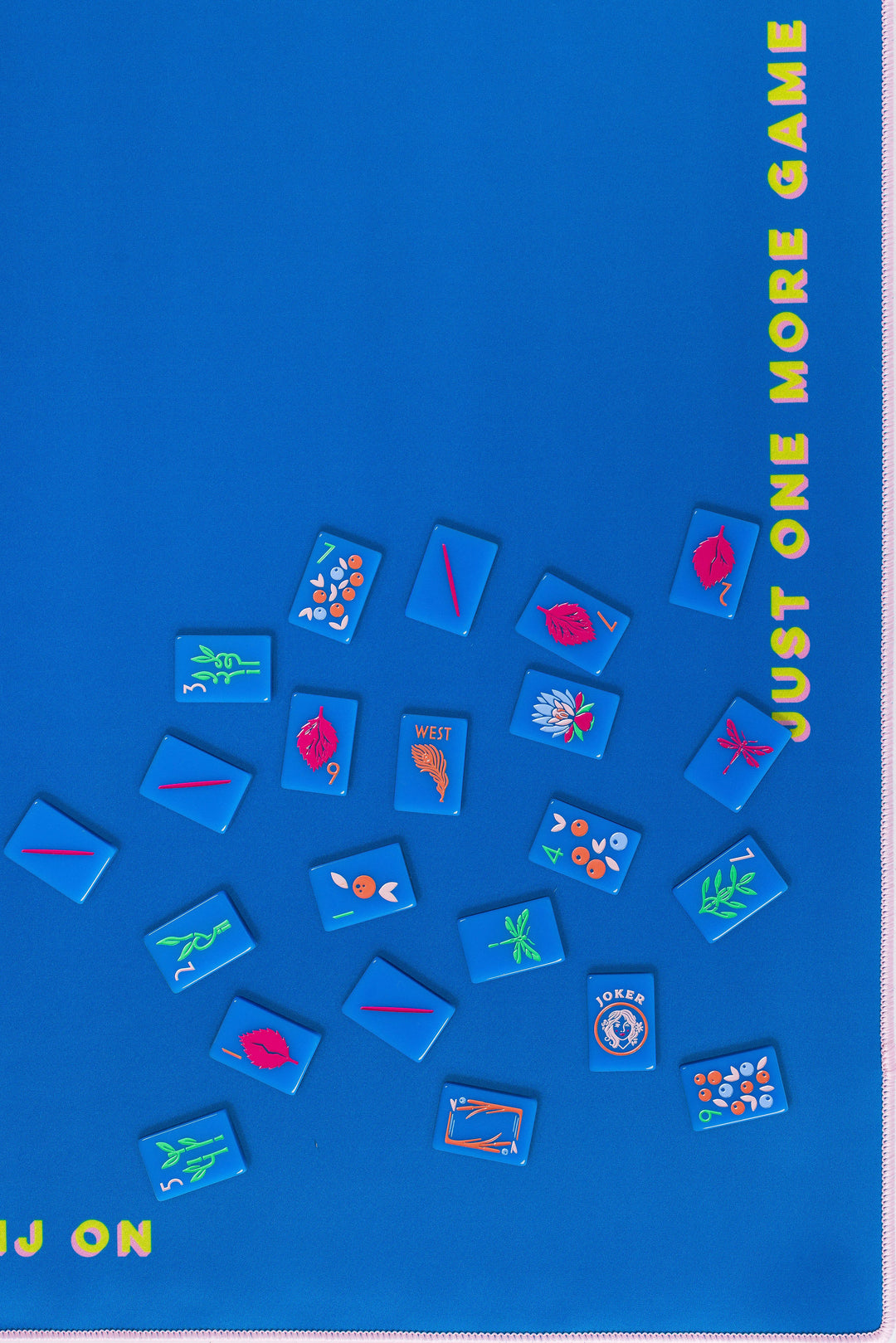 Marine Blue saying game mat paired with mahjong tiles– The Mahjong Line