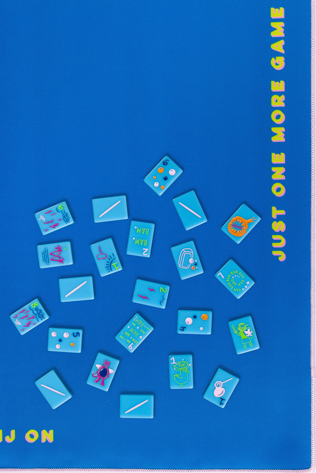 Marine Blue saying game mat paired with mahjong tiles– The Mahjong Line