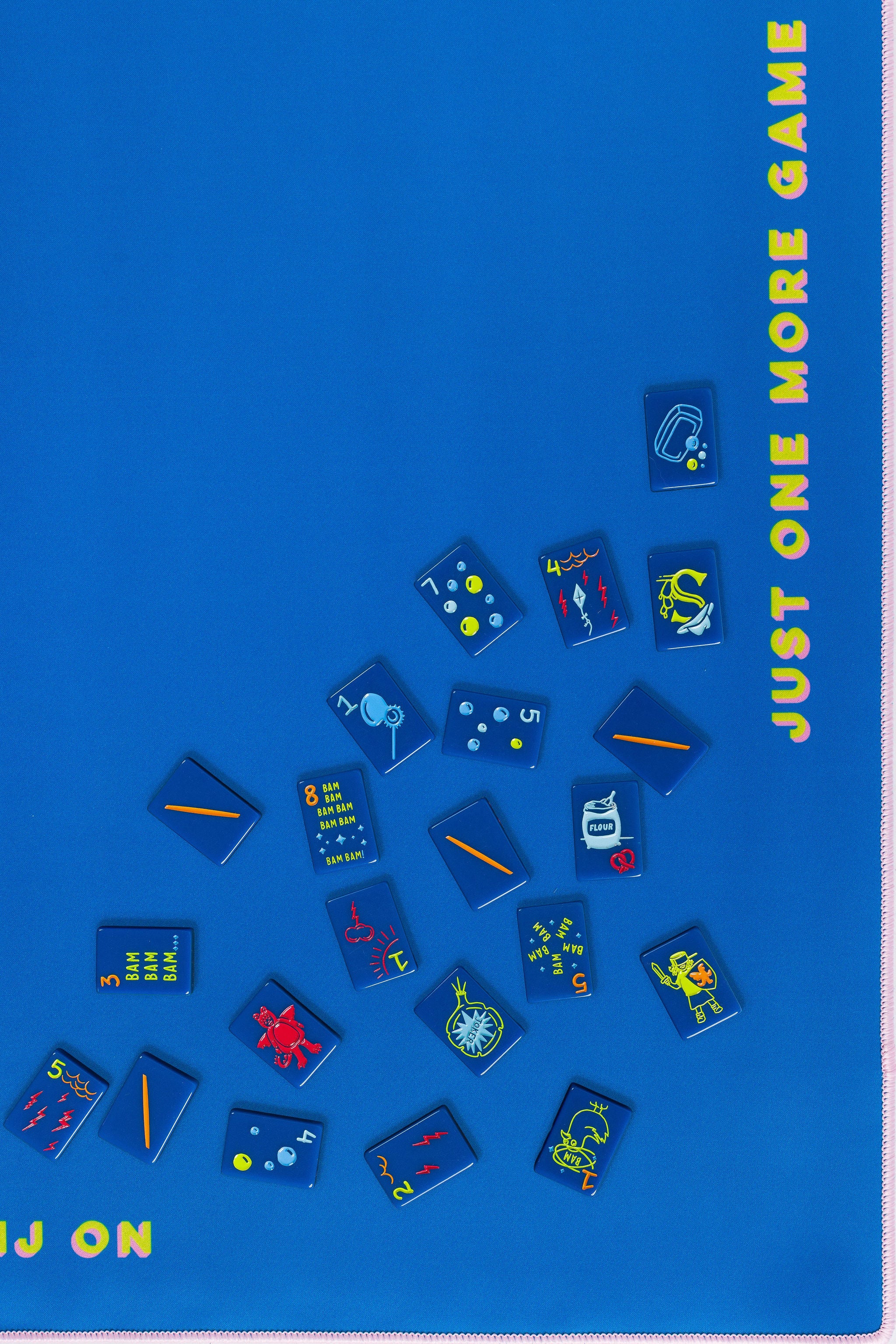 Marine Blue saying game mat paired with mahjong tiles– The Mahjong Line