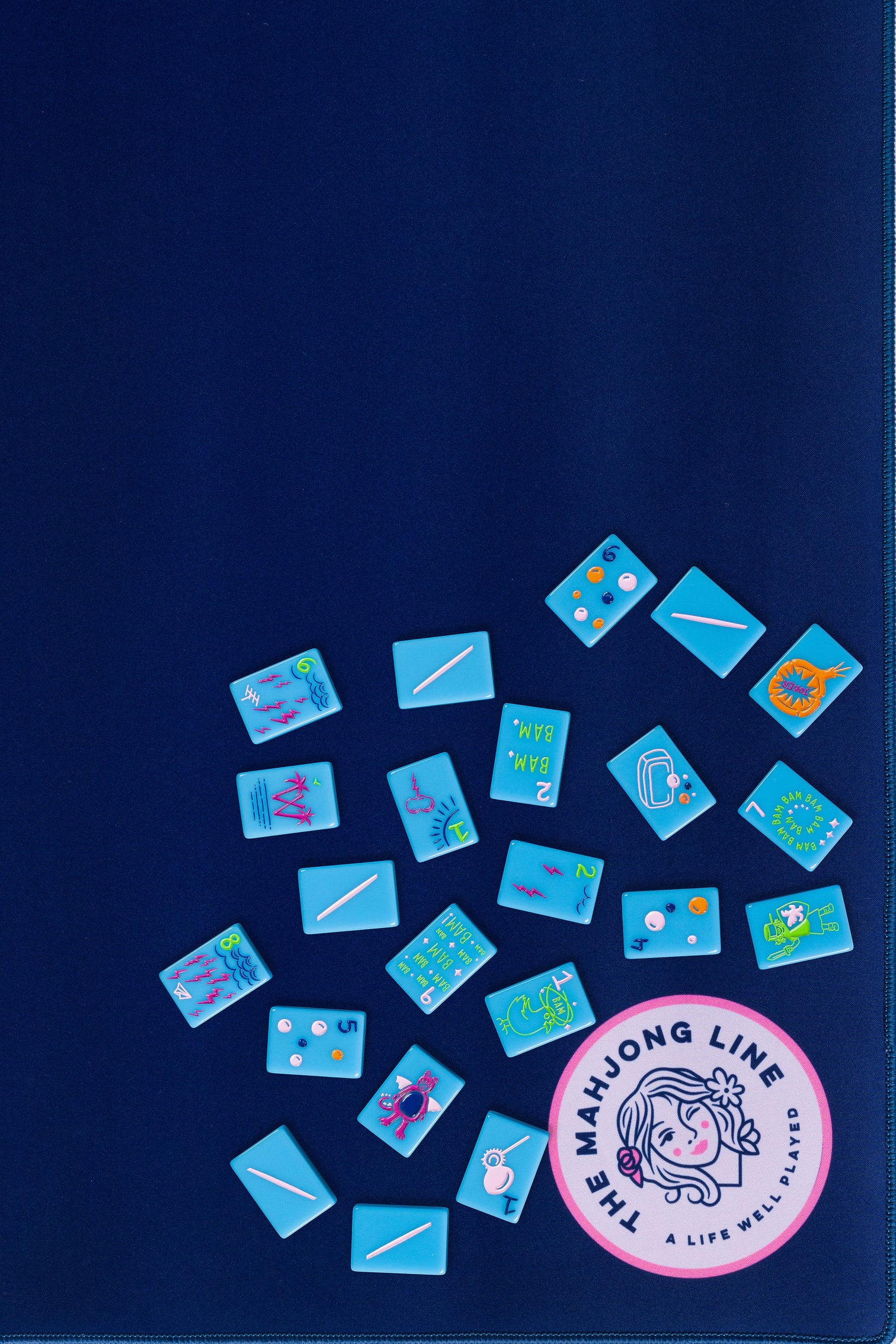 Navy game mat paired with mahjong tiles– The Mahjong Line