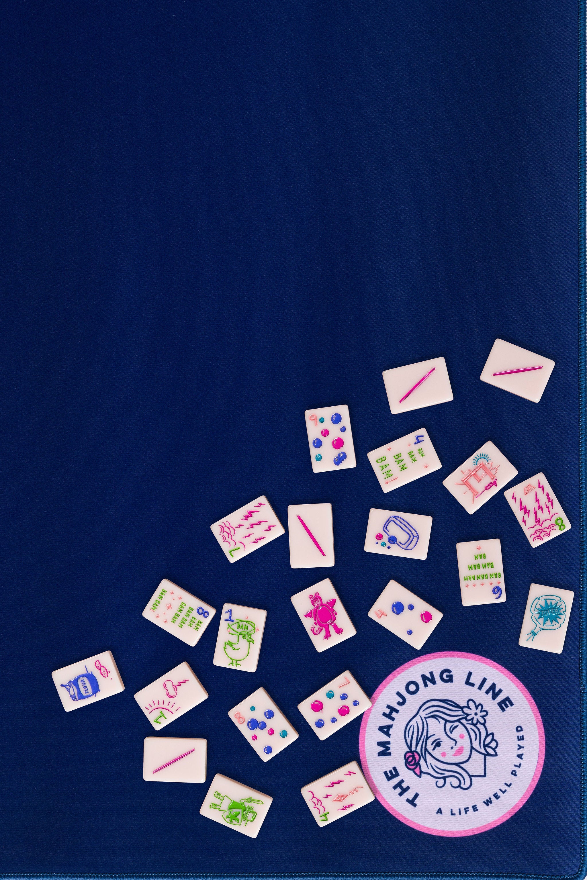 Navy game mat paired with mahjong tiles– The Mahjong Line