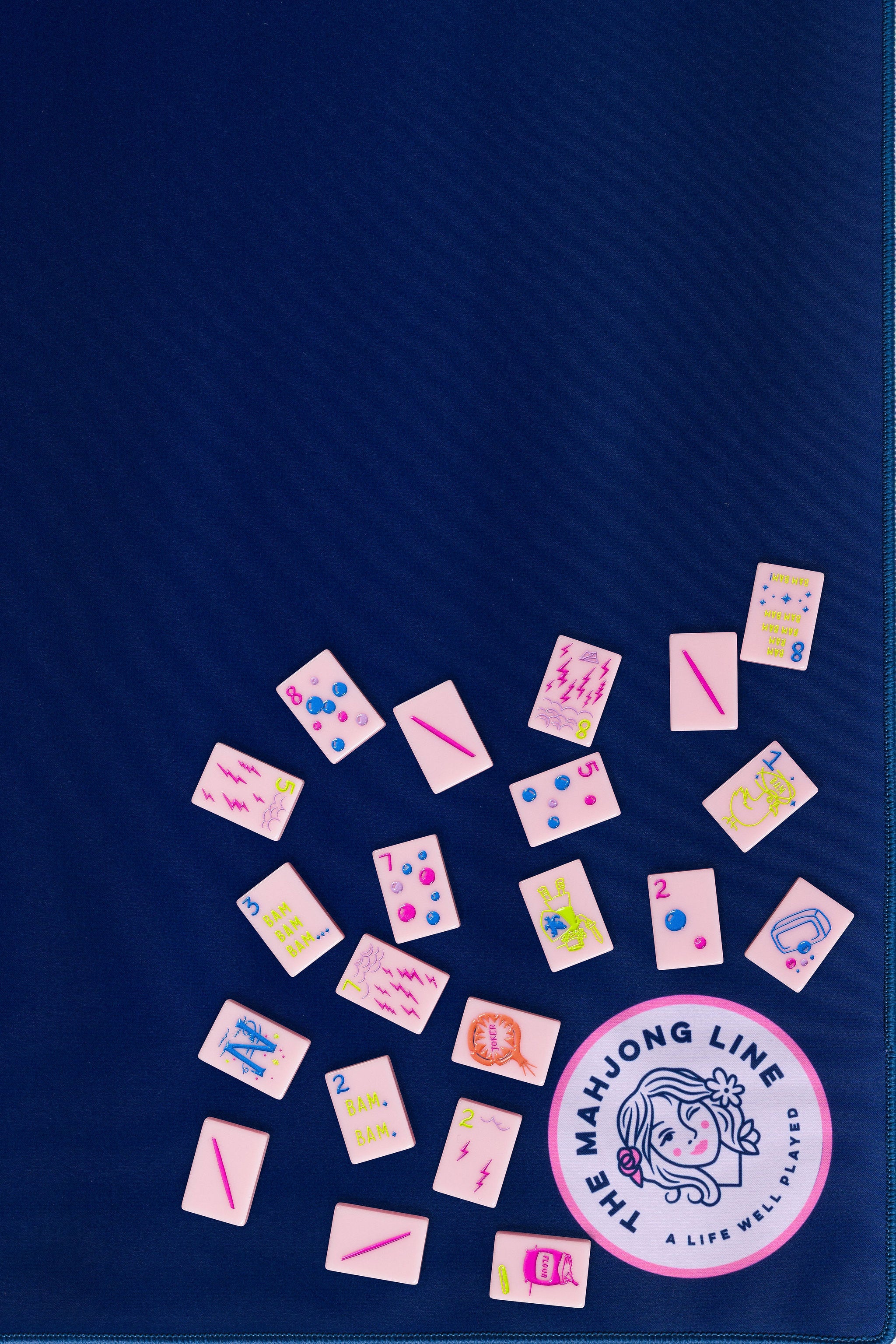 Navy game mat paired with mahjong tiles– The Mahjong Line